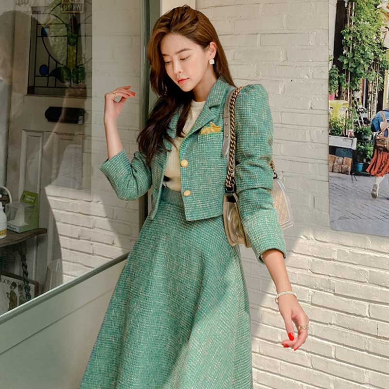 グリーンツイードセットアップ（緑）秋/冬 レトロで上品なツイード